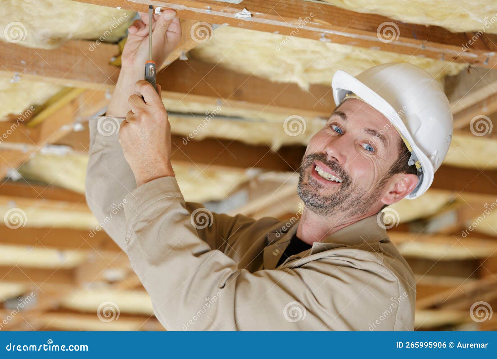 Portrait Male Builder Fixing Ceiling Stock Photo - Image of system ...