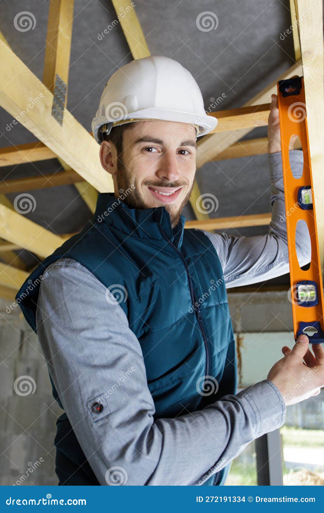 Portrait Male Construction Worker Holding Bubble Level Stock Photo - Image of dungarees, garment ...