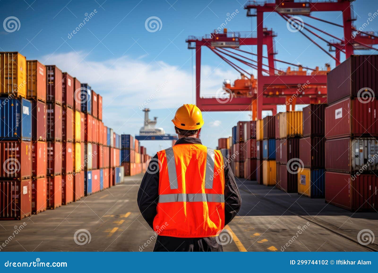 Portrait of a Male Engineer Standing in Front of Containers at the Port ...