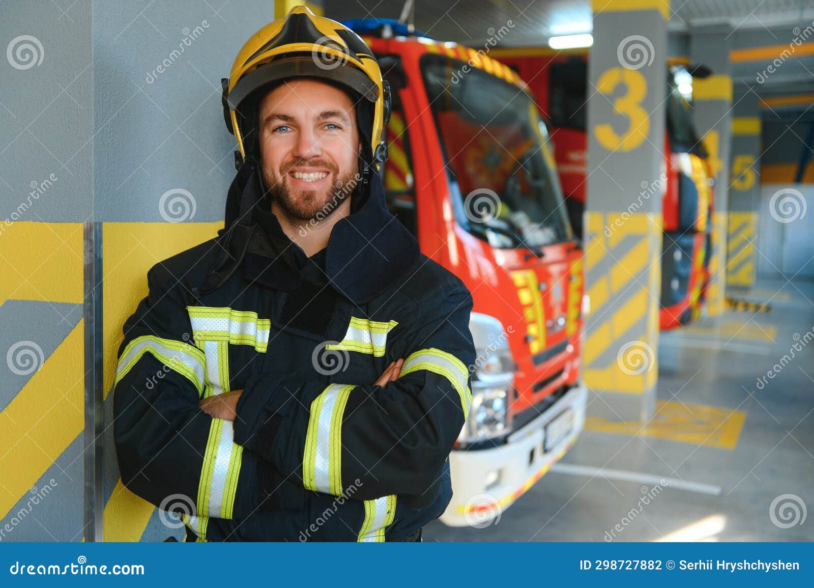 Portrait of Male Firefighter in Uniform at Fire Station Stock Photo ...