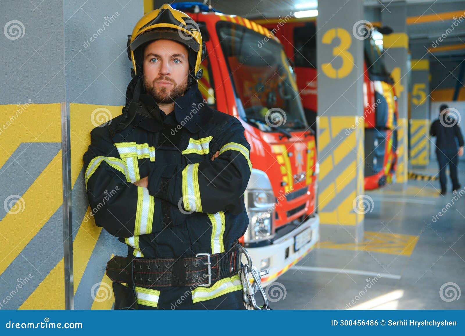Portrait of Male Firefighter in Uniform at Fire Station Stock Photo ...