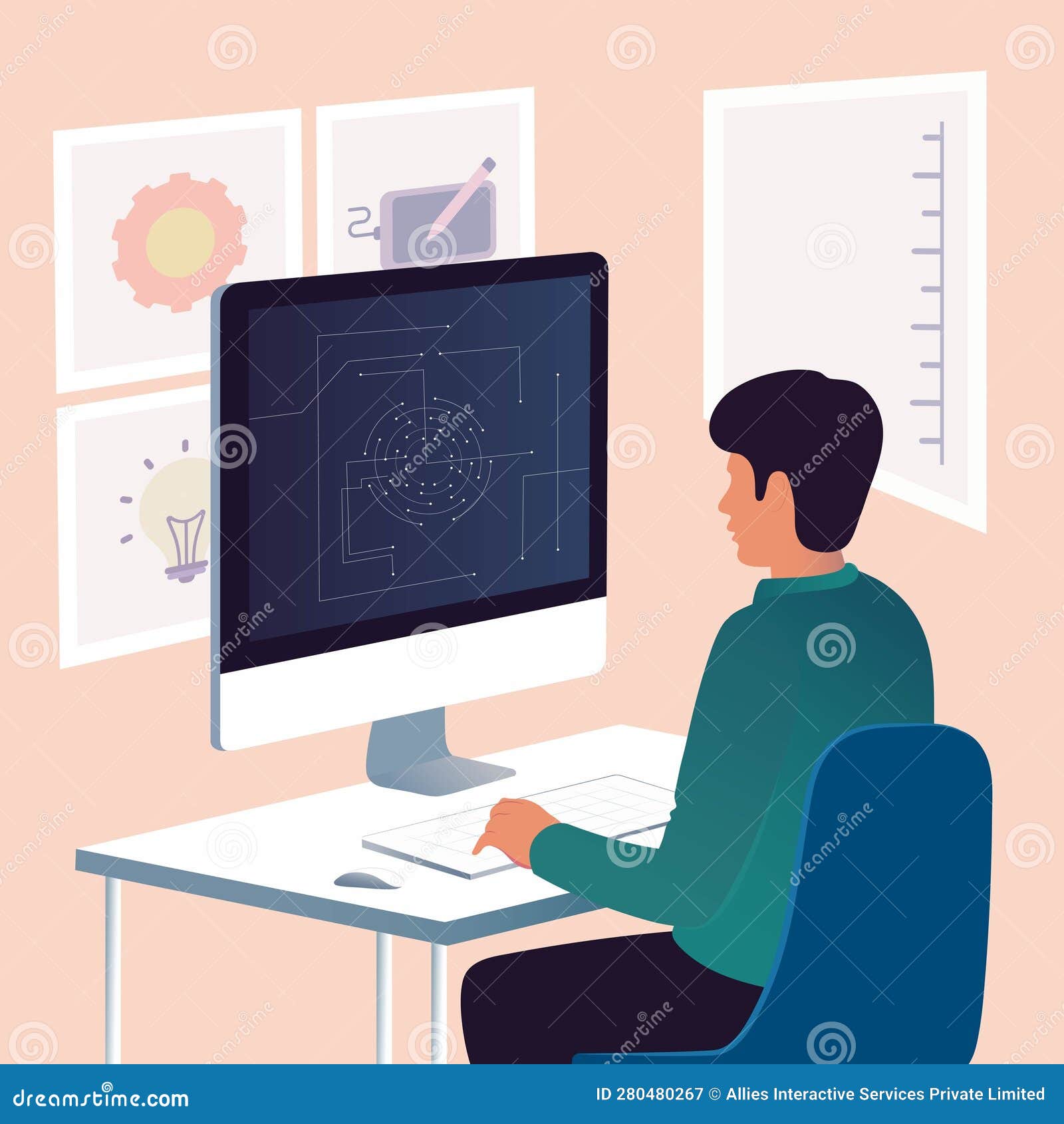 Portrait of Male Graphic Designer Working on Computer at Workplace and ...