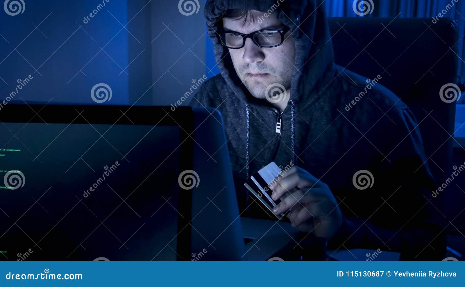 Portrait of Young Male Hacker Writing Program Code for Stealing Money ...