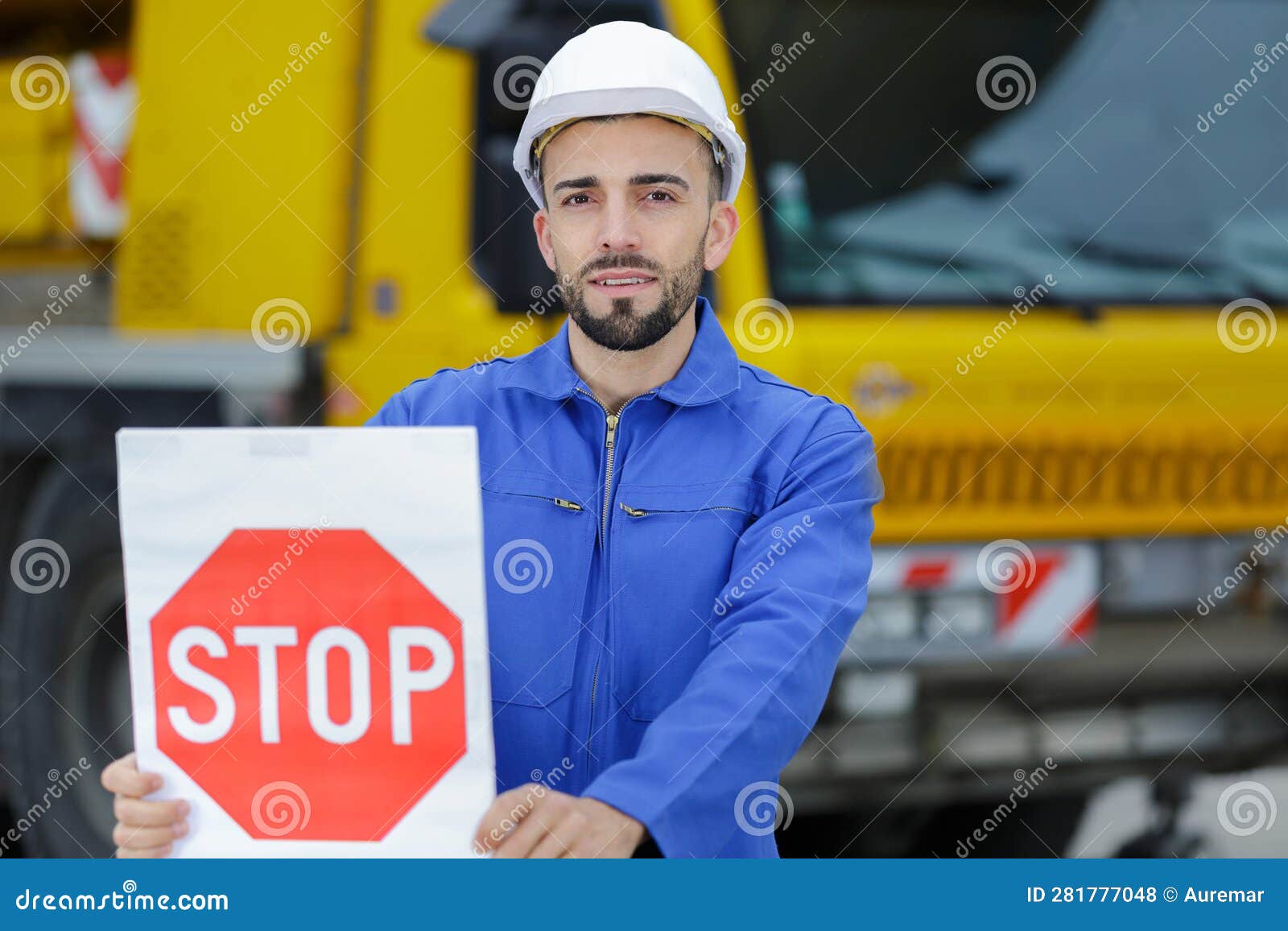 Portrait Male Worker Holding Stop Sign Stock Photo - Image of ...
