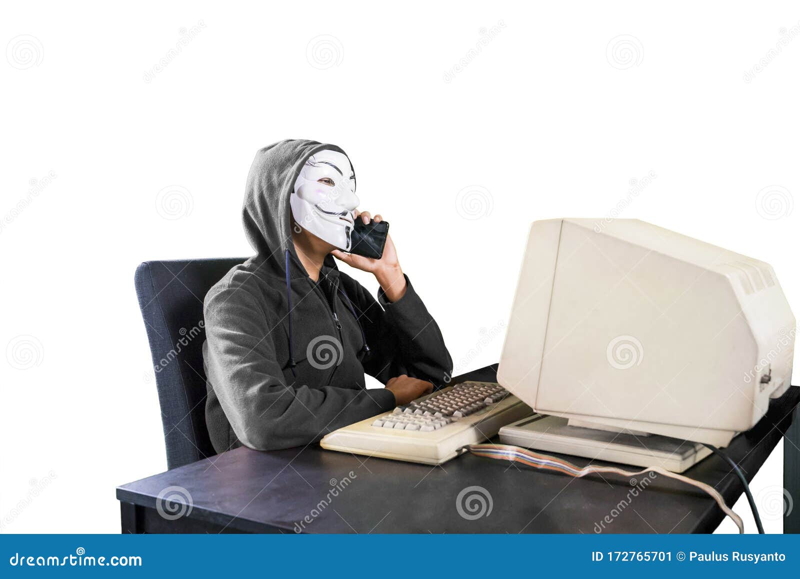 Portrait of Man in Anonymous Mask Calling Someone Stock Image - Image ...