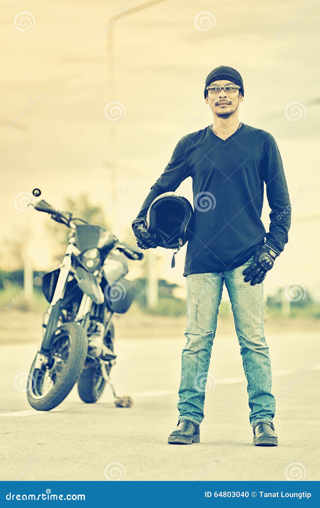 Portrait of Man Biker Standing on Road with Motorcycle Stock Photo ...