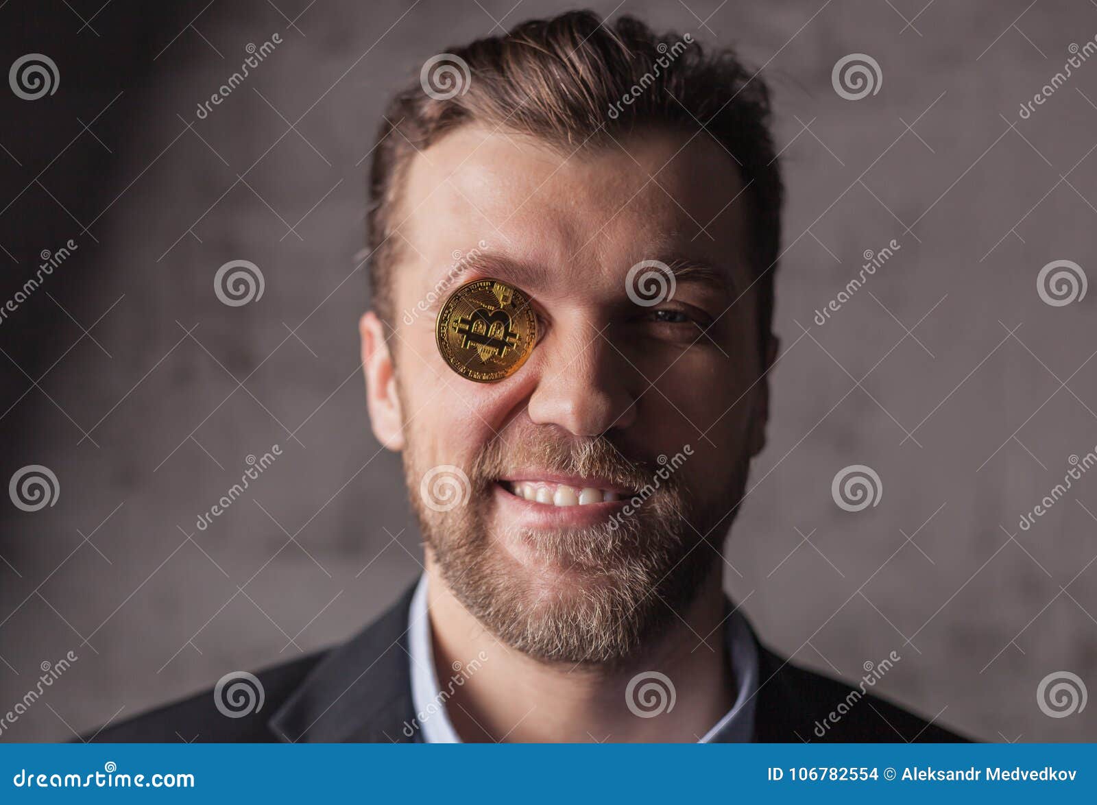 Portrait of Man with Bitcoin instead of Eye Stock Photo - Image of ...
