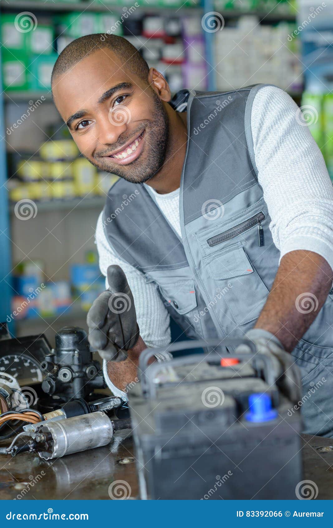 Portrait Man with Car Battery Stock Photo - Image of work, power: 83392066
