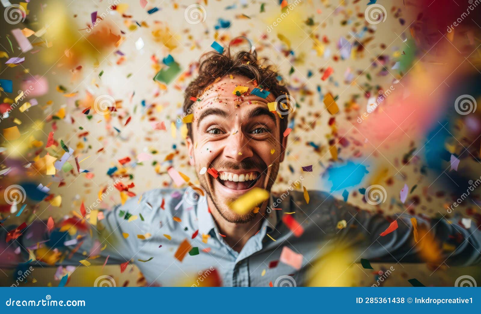 Portrait of a Man Celebrating with Brightly Colored Falling Confetti ...