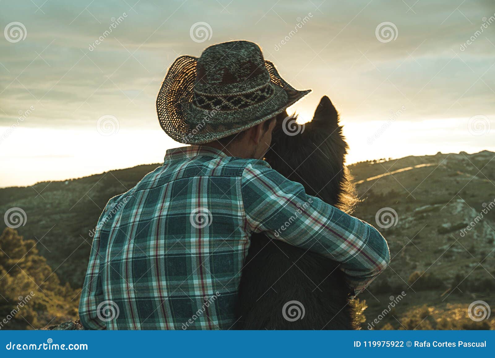 Portrait of a Man and a Dog in the Back. Guy and Dog at Sunset Stock ...