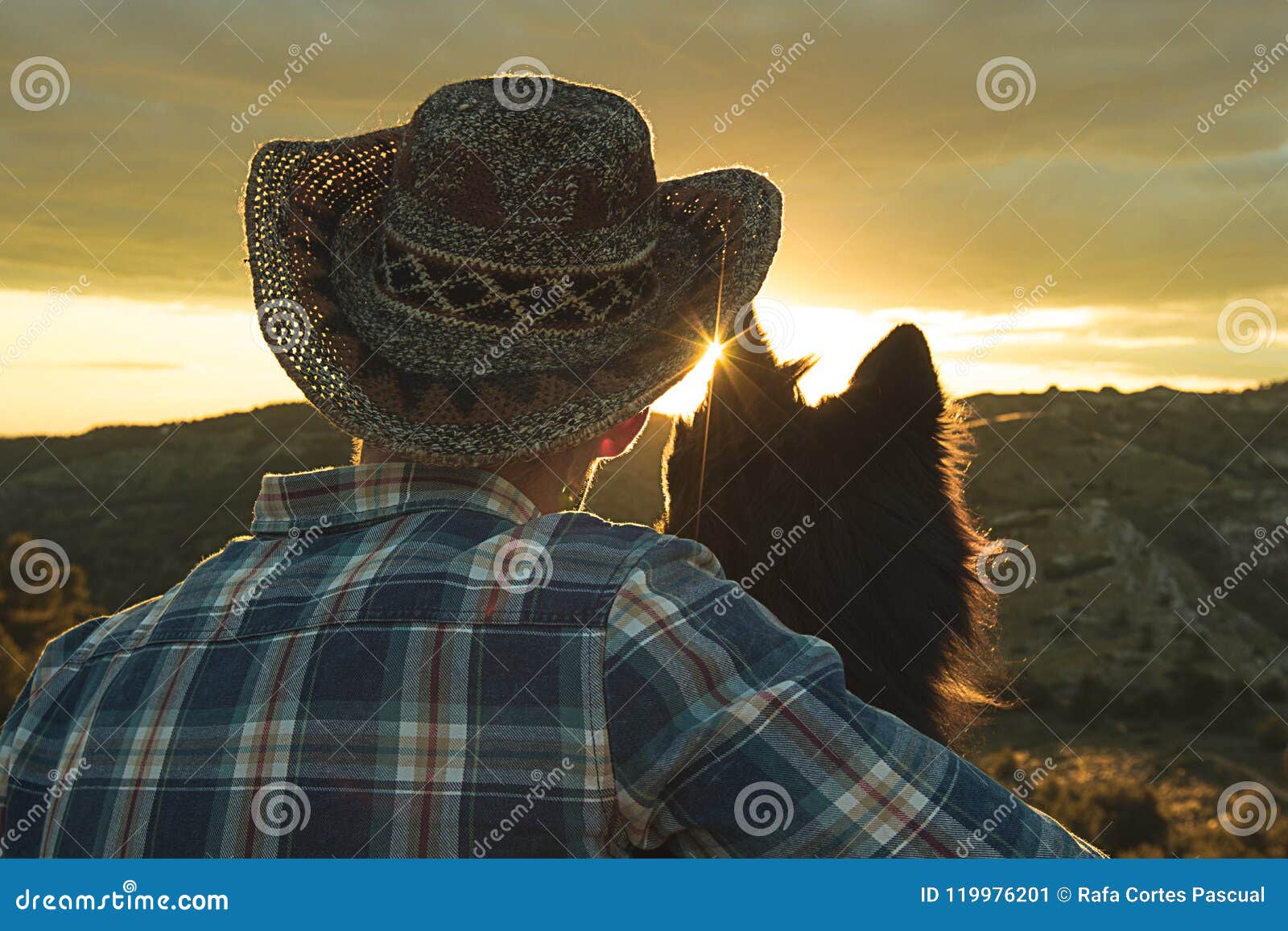 Portrait of a Man and a Dog in the Back. Guy and Dog at Sunset Stock ...