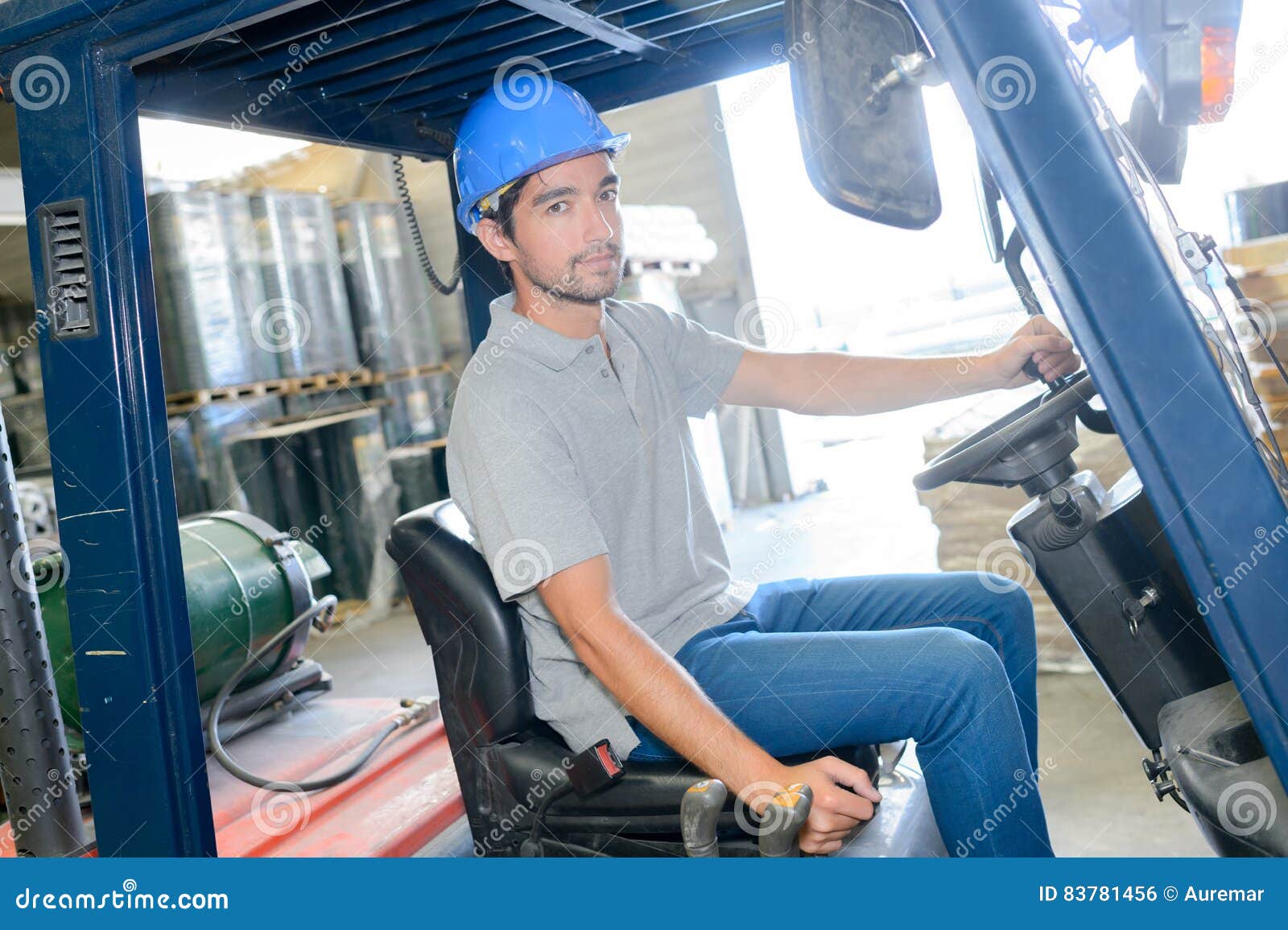 Portrait Man Driving Forklift Stock Photo - Image of person, helmet ...