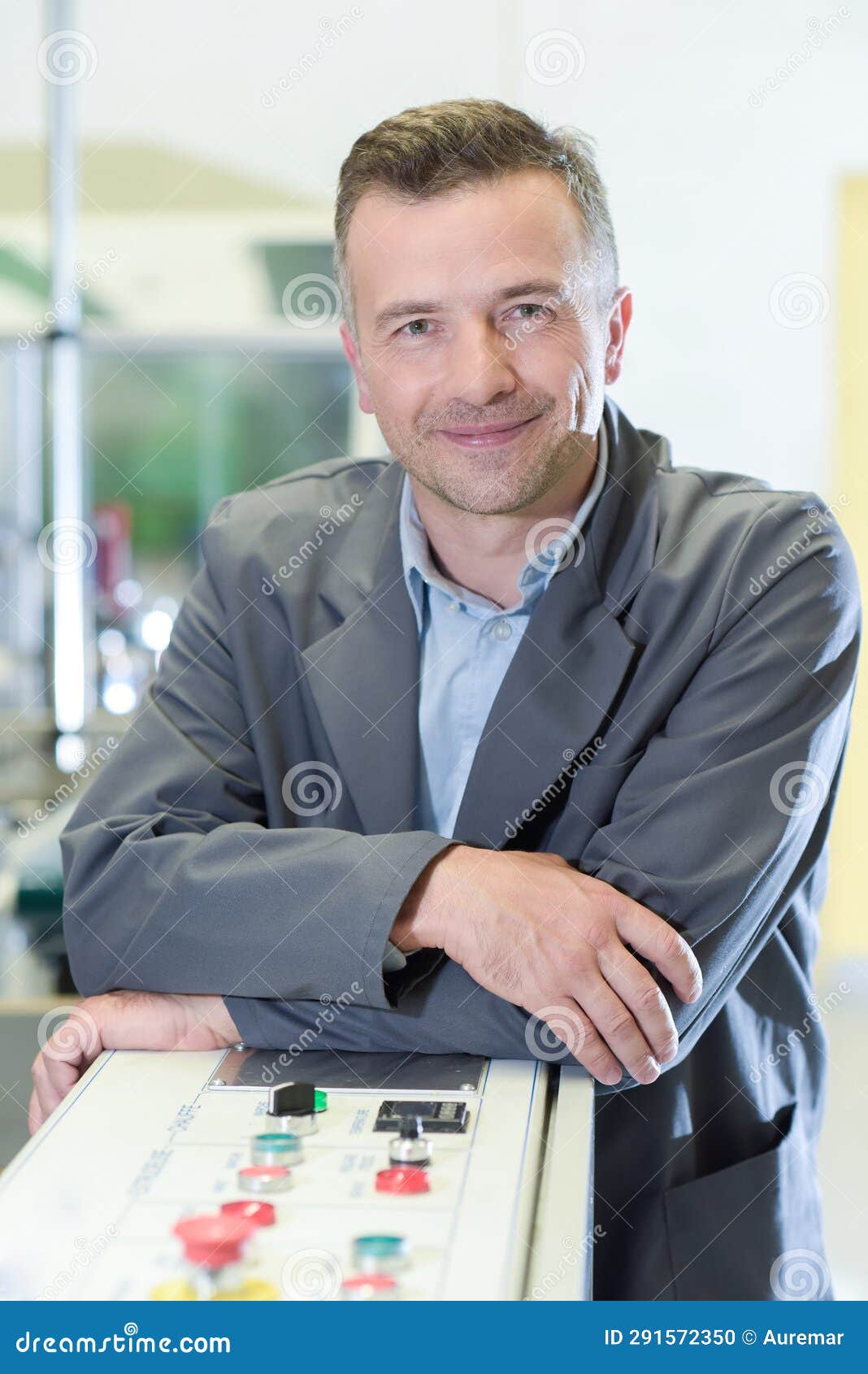 Portrait Man in Factory Leaning on Control Panel Stock Photo - Image of ...