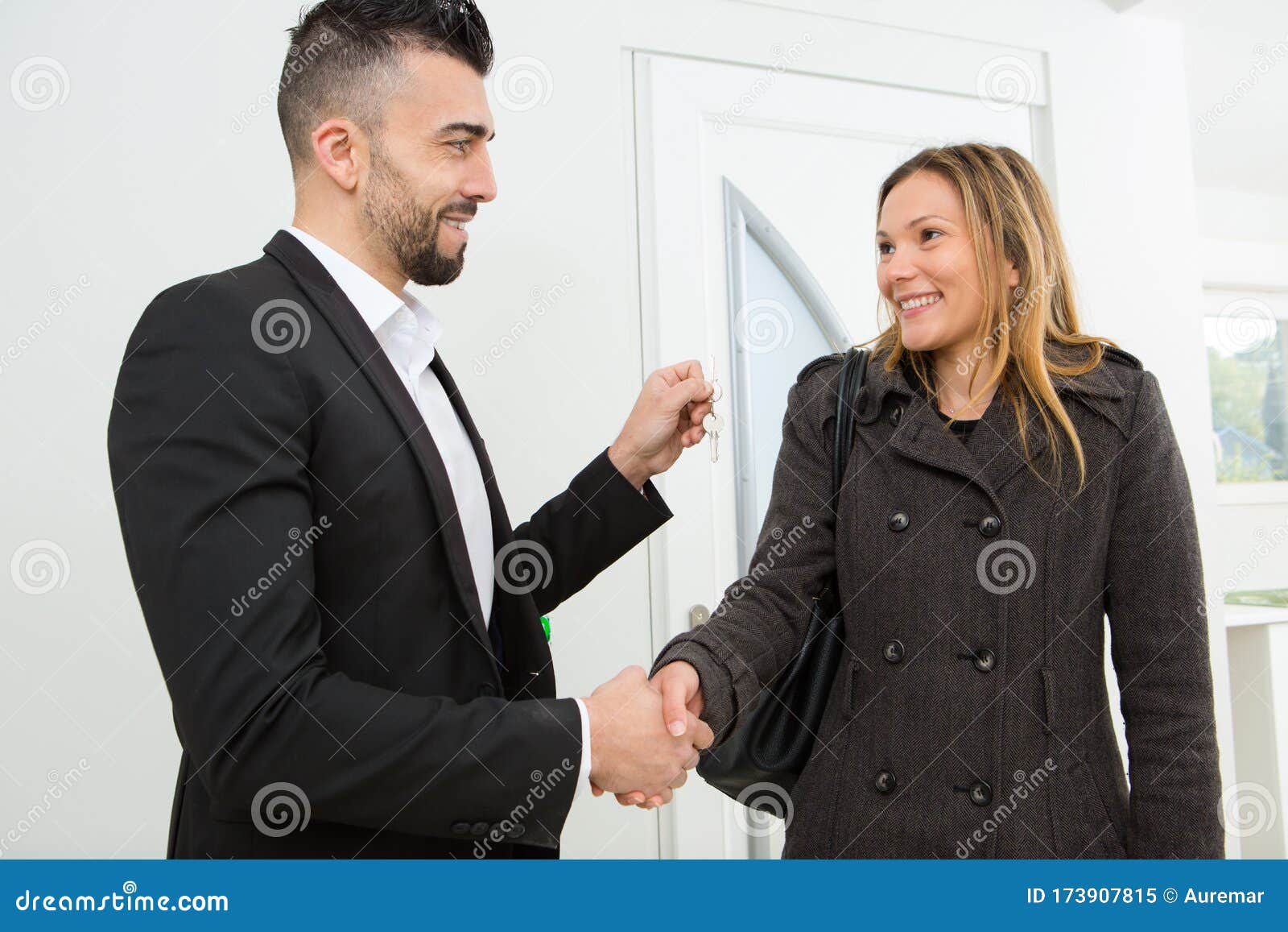 Portrait Man Greeting Colleague Stock Image - Image of woman ...