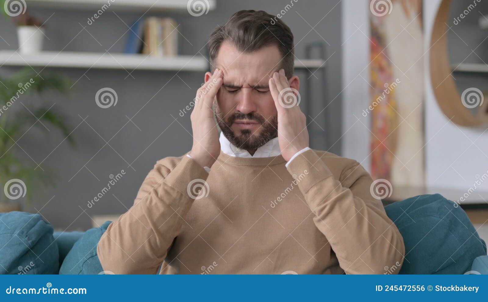 Portrait of Man Having Headache at Home Stock Photo - Image of working ...