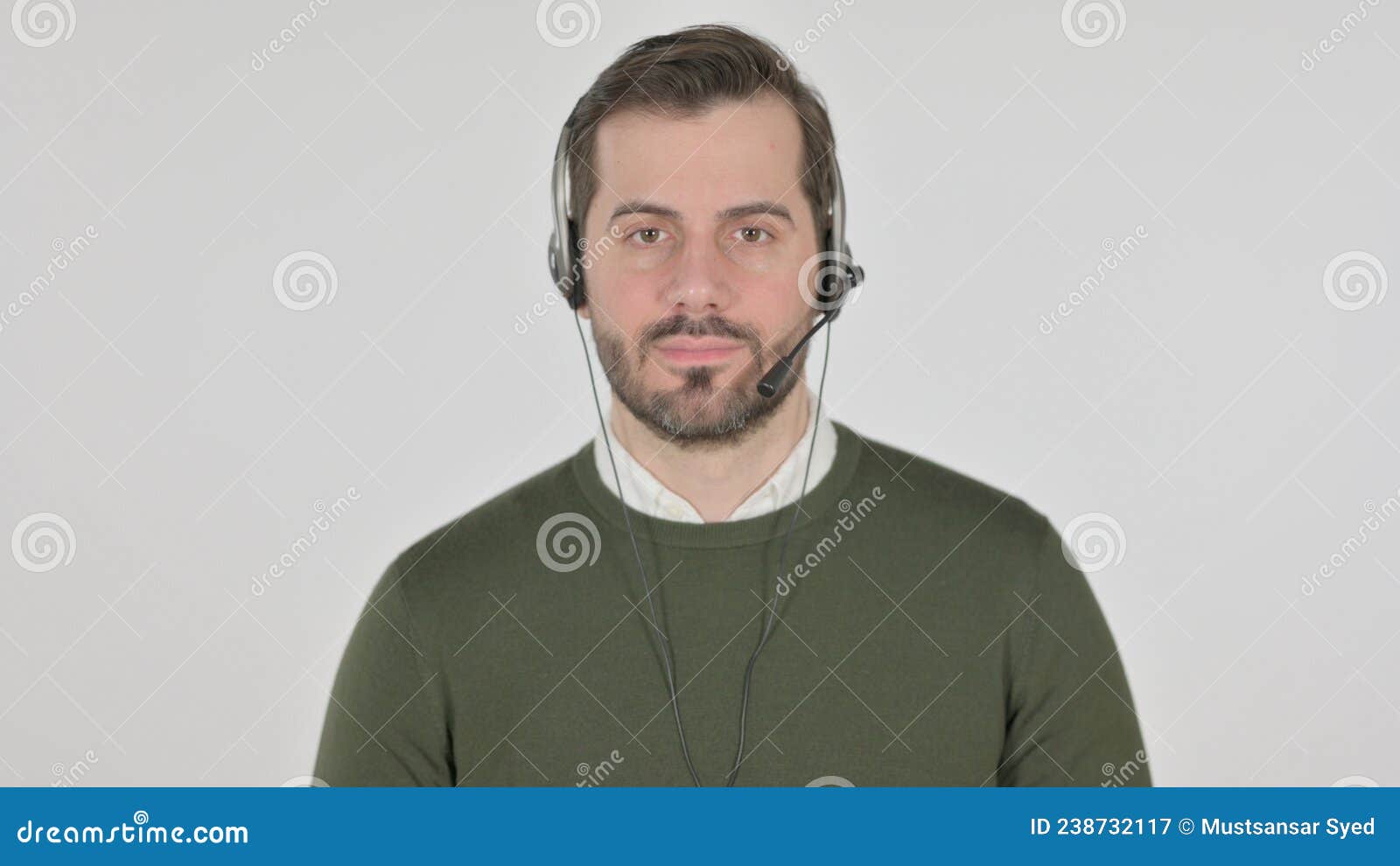 Portrait of Man with Head Set Looking at Camera, White Screen Stock ...