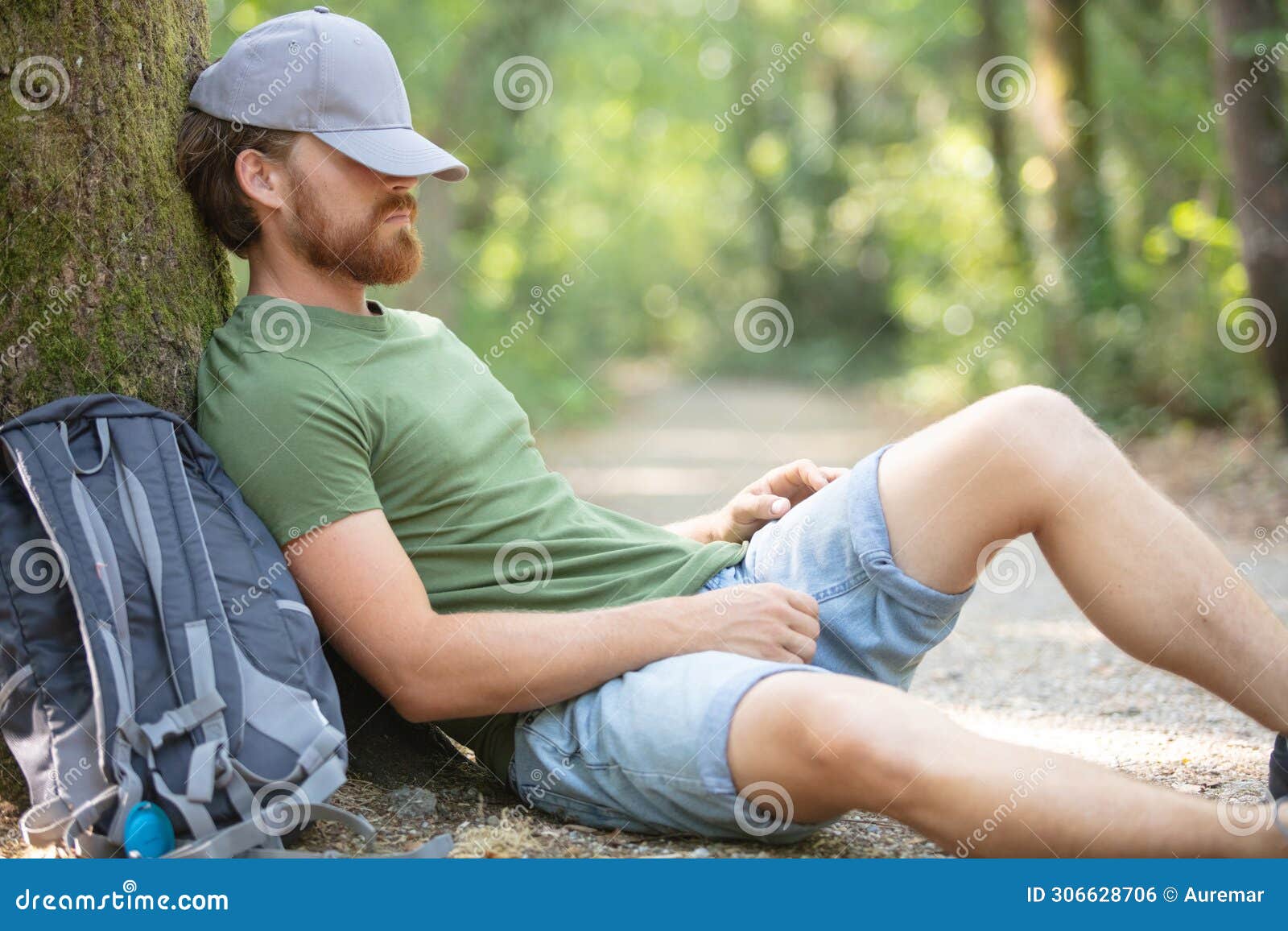 Portrait Man Hiker Sitting and Rest by Tree Stock Photo - Image of ...