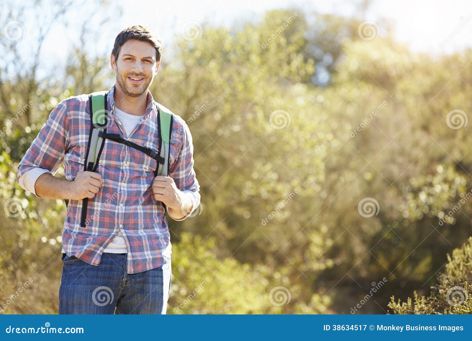 Portrait of Man Hiking in Countryside Stock Image - Image of male ...