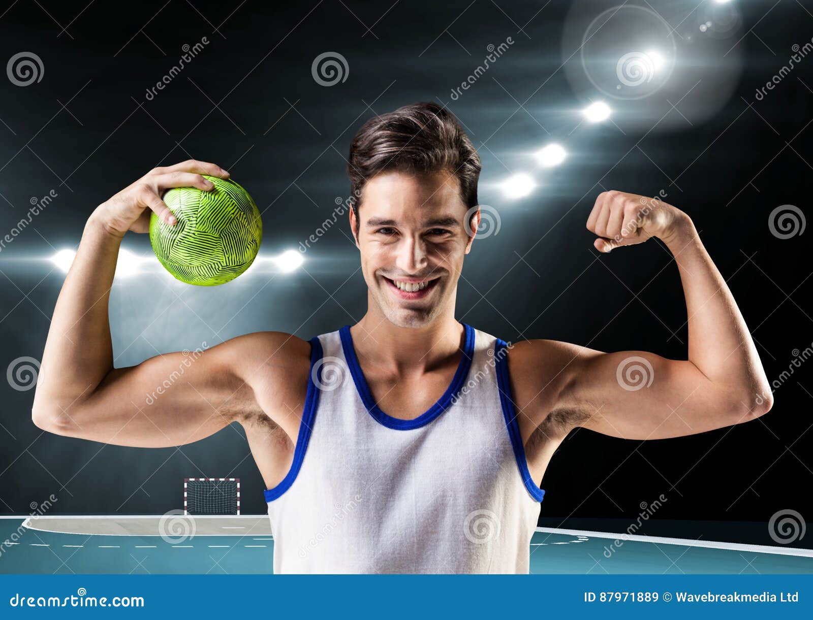 Portrait of Man Holding a Handball and Flexing Muscles Stock Image ...