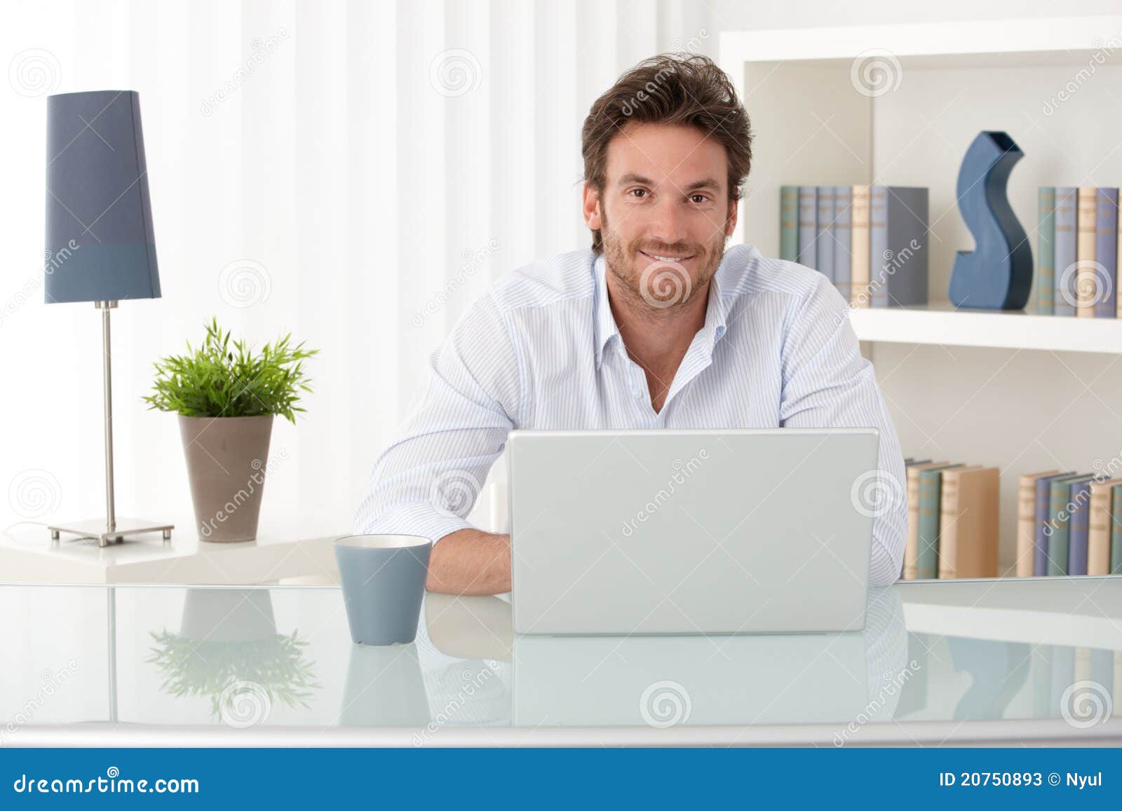 Portrait of Man at Home with Computer Stock Image - Image of face ...