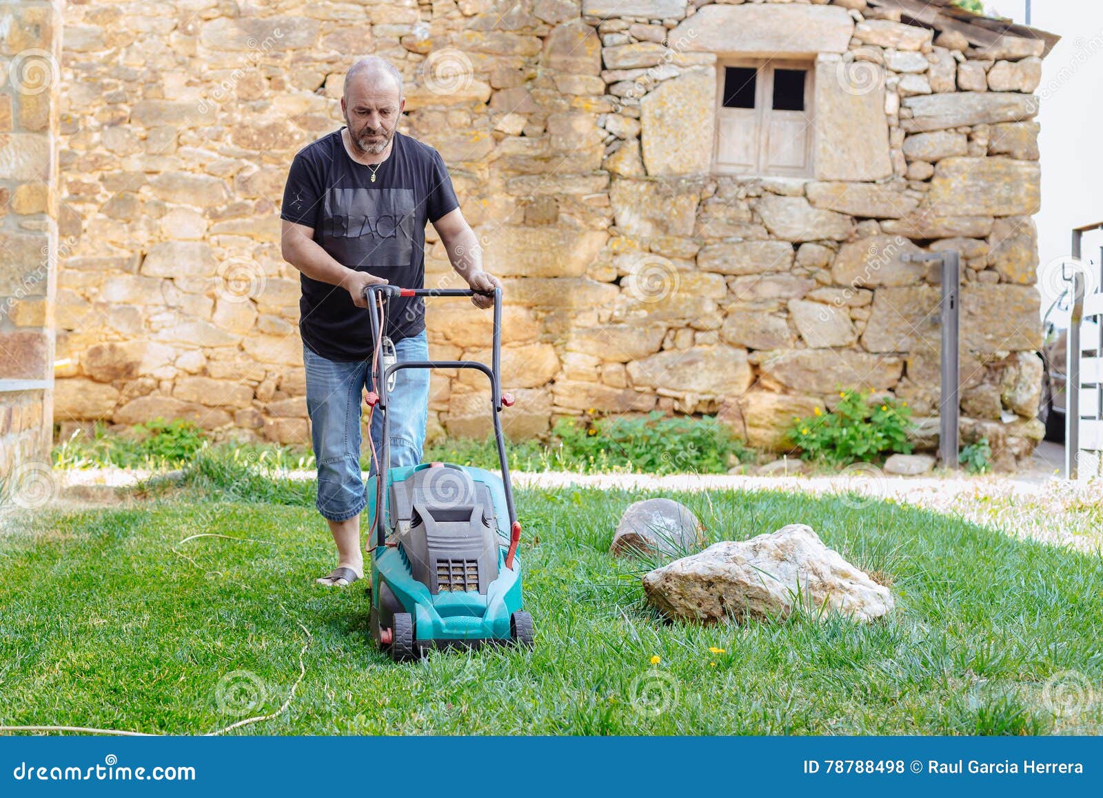 Portrait of Man Mowing Lawn Stock Photo - Image of male, gardening ...