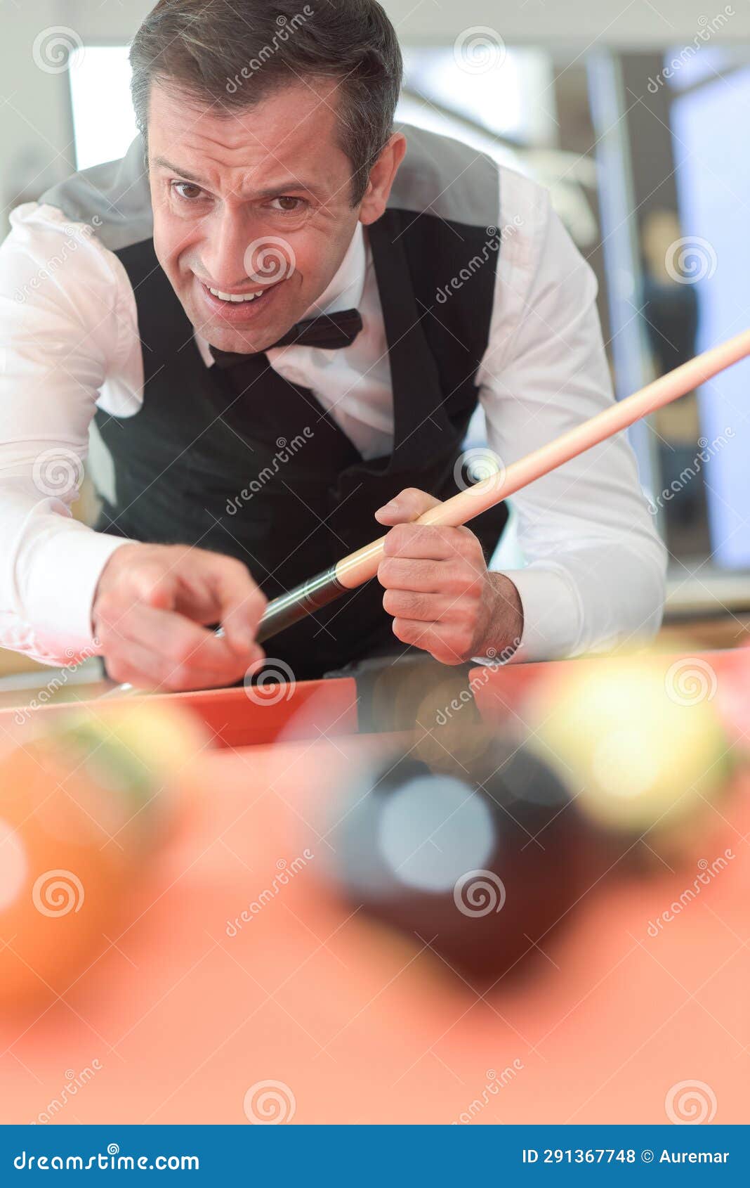 Portrait man playing pool stock photo. Image of game - 291367748