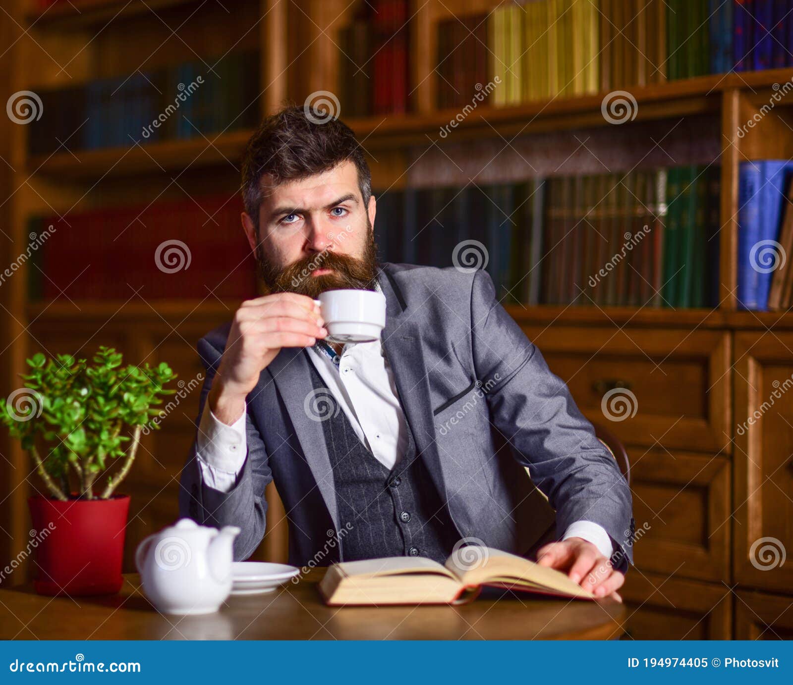 Portrait of Man Reading Book in Vintage Library Stock Image - Image of ...