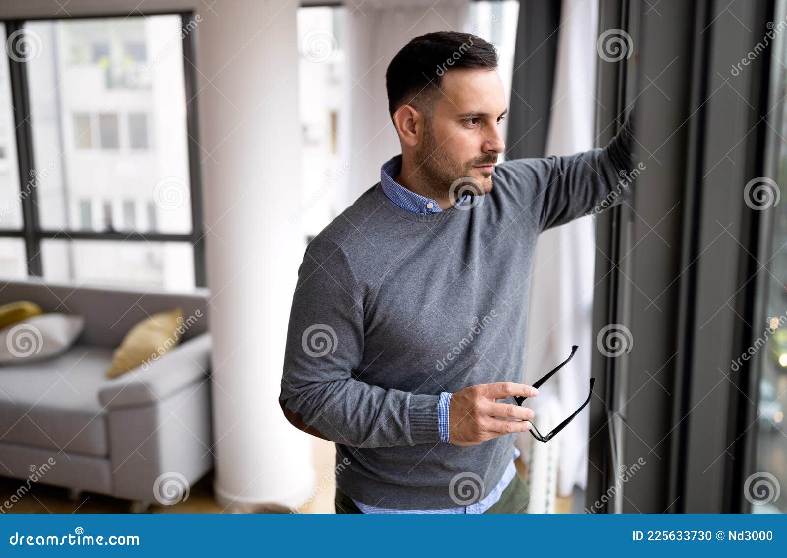 Portrait of Man Resting at Home and Thinking about the Future Stock ...
