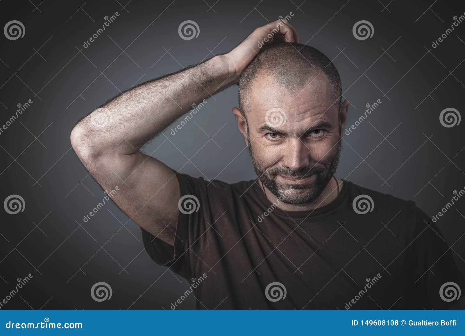 Portrait of a Man Scratching His Head Stock Photo - Image of shirt ...