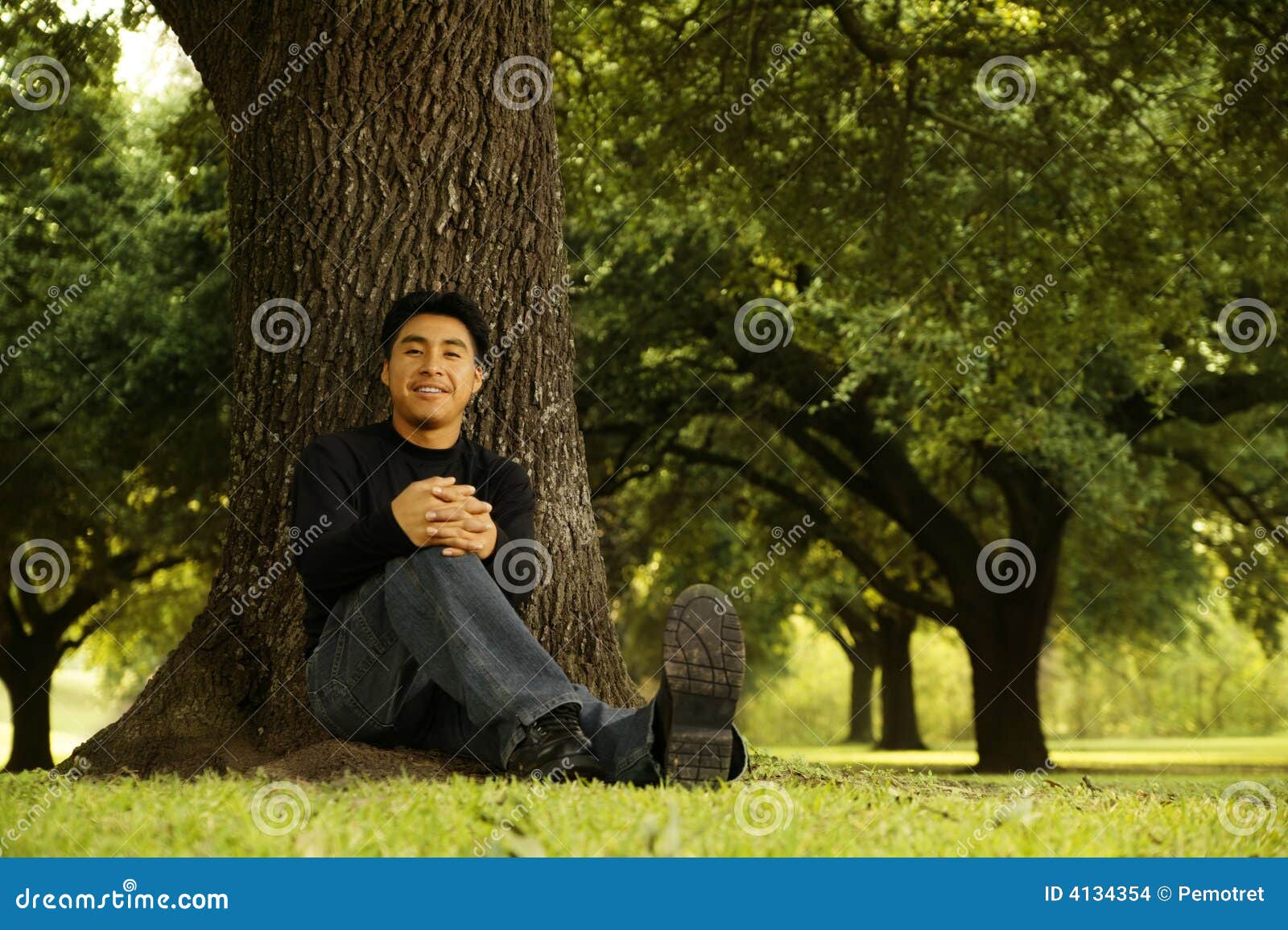 Portrait of Man Sitting by Tree Stock Photo - Image of back, single ...