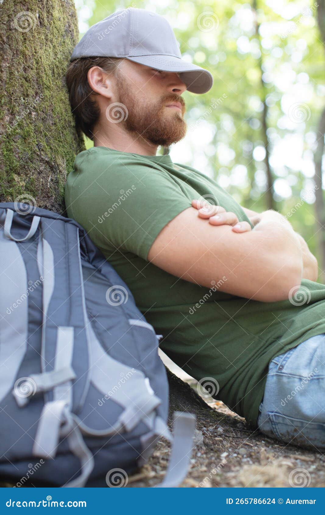 Portrait Man Sitting by Tree with Resting Stock Photo - Image of tent ...
