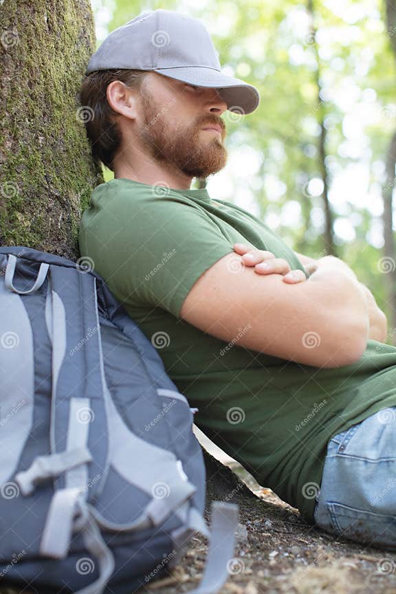 Portrait Man Sitting by Tree with Resting Stock Photo - Image of tent ...