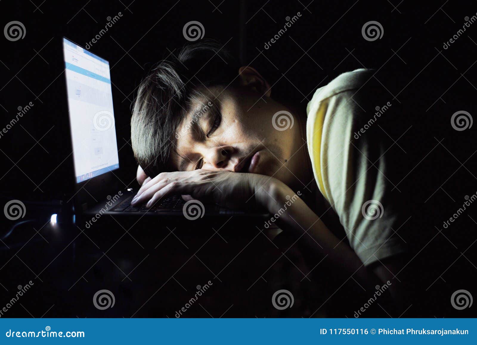 Portrait of Man Sleeping on Keyboard of Notebook Stock Photo - Image of ...