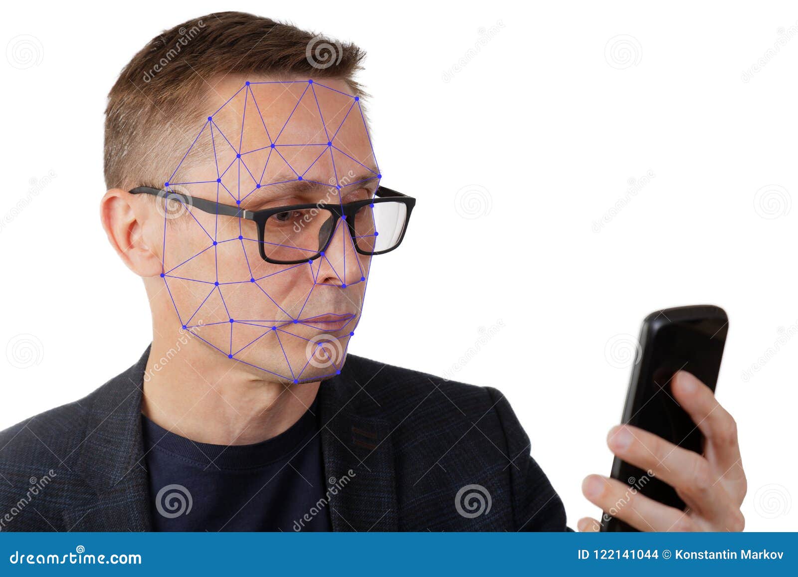Portrait of Man with Smartphone Using Face ID Recognition System Stock ...