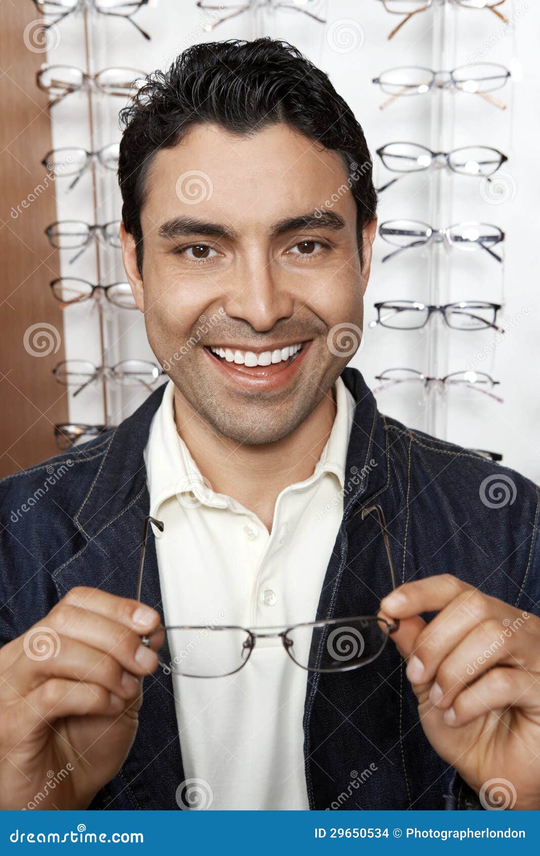 Portrait of a Man Smiling at Spectacles Shop Stock Photo - Image of ...