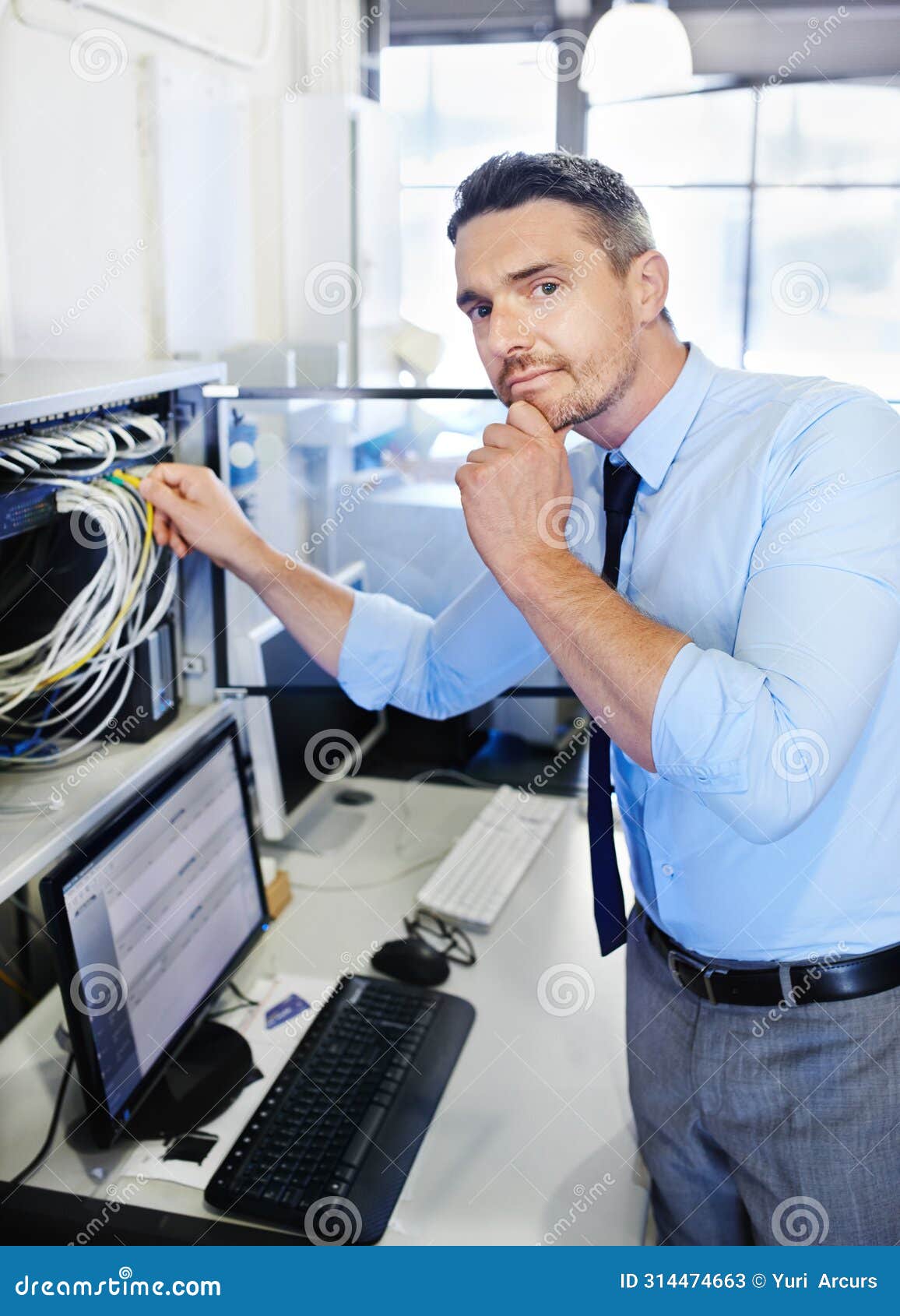 Portrait, Man or Technician Thinking of Hardware Cables for Computer ...