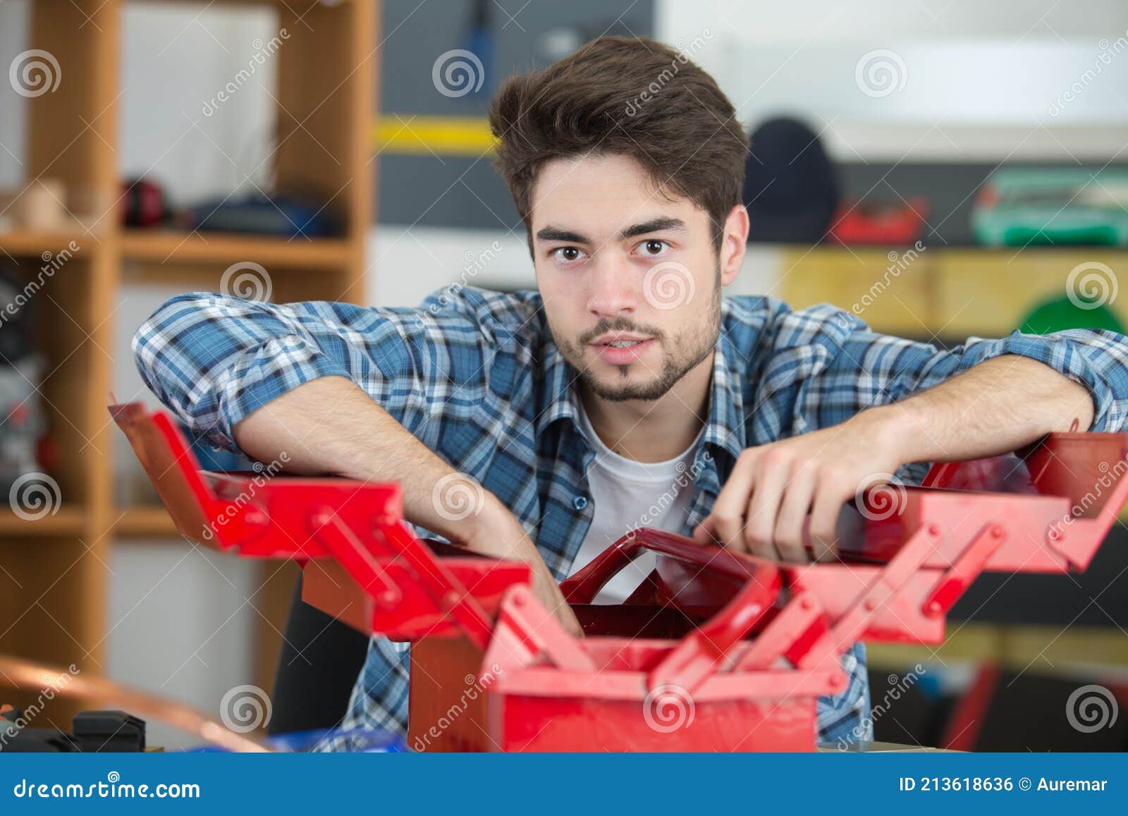 Portrait man with toolbox stock photo. Image of manager - 213618636