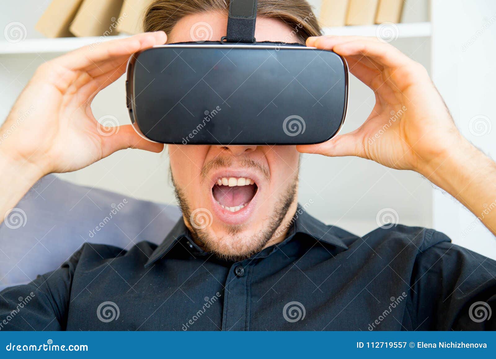 Man in vr headset stock image. Image of excited, reaching - 112719557