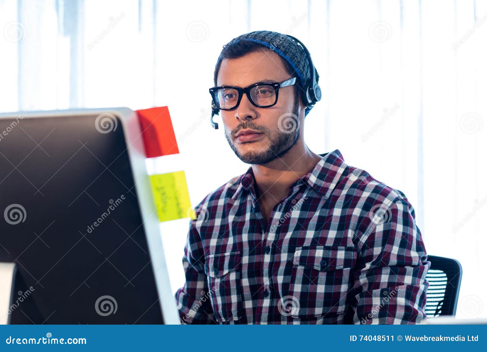Portrait of Man Wearing Headset Stock Image - Image of interacting ...