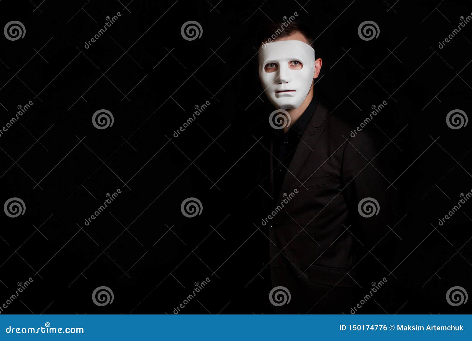 Portrait of a Man in a White Mask on a Black Background Stock Photo ...