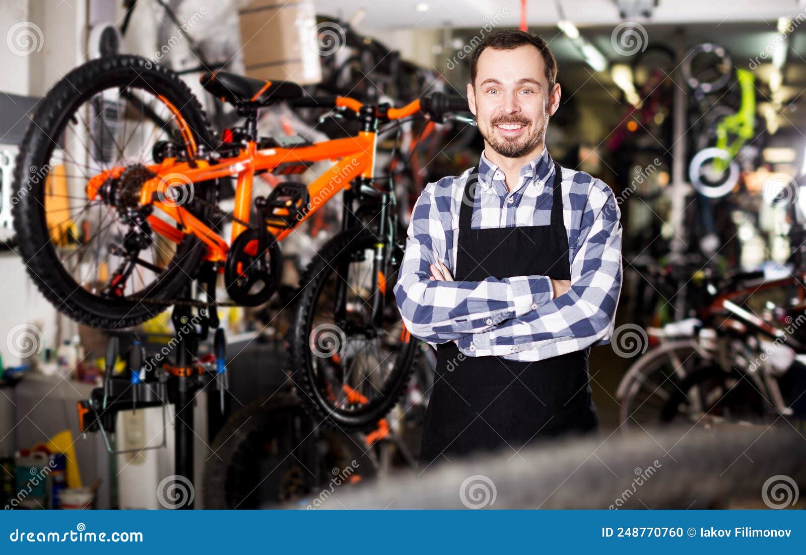 Man Working on Master Mechanic Assembling Bicycle Equipment Stock Photo ...