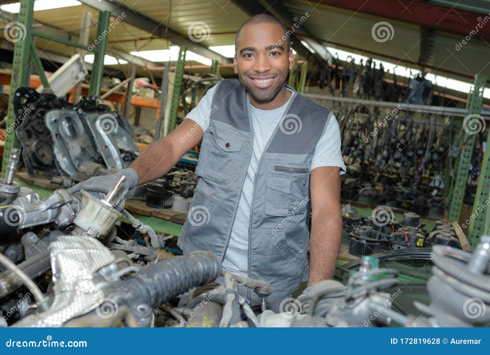 Portrait Man Y Stack Used Car Parts Stock Photo - Image of transport ...
