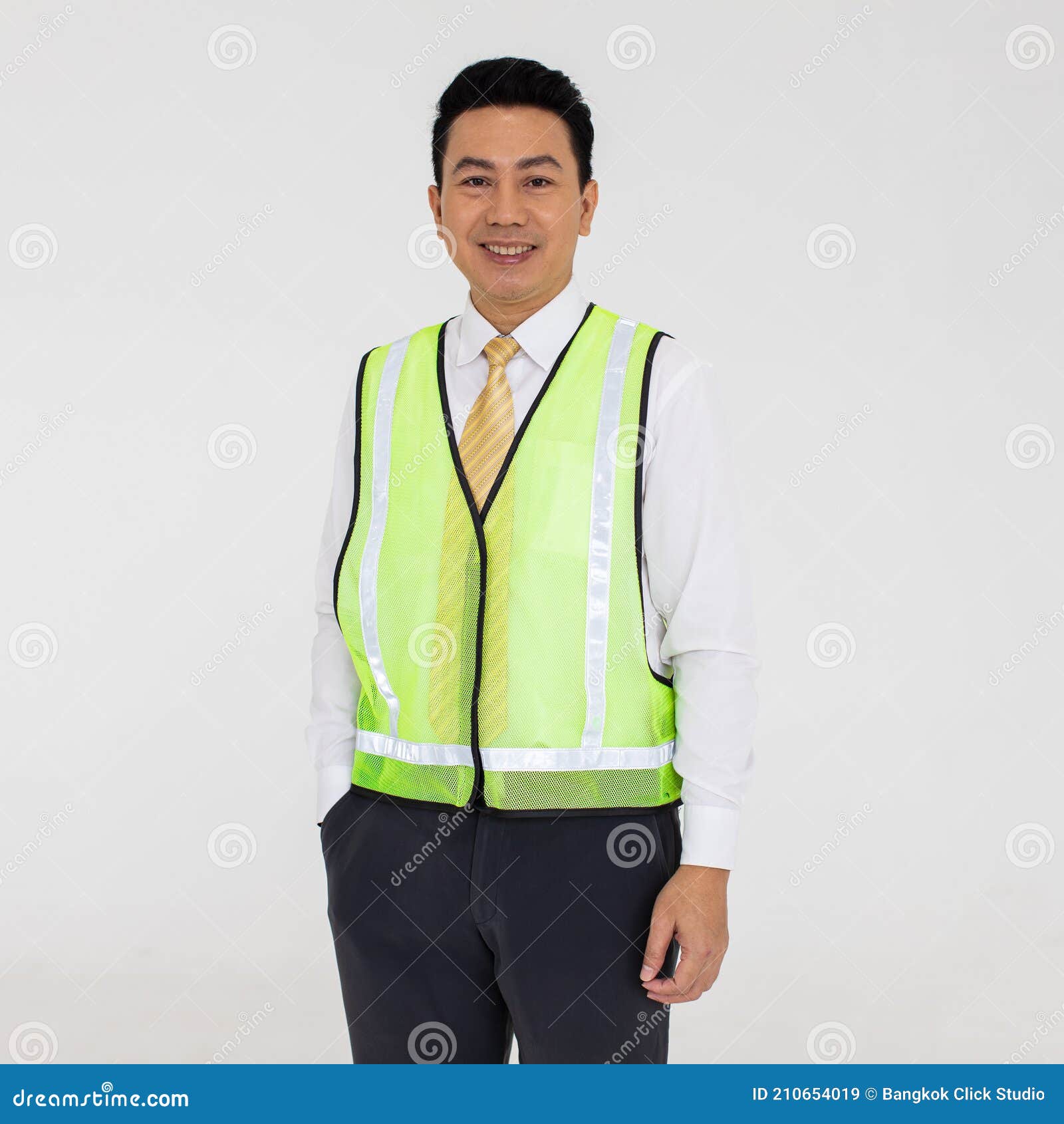 Portrait of a Man in Yellow Safety Jacket on White Background Stock ...