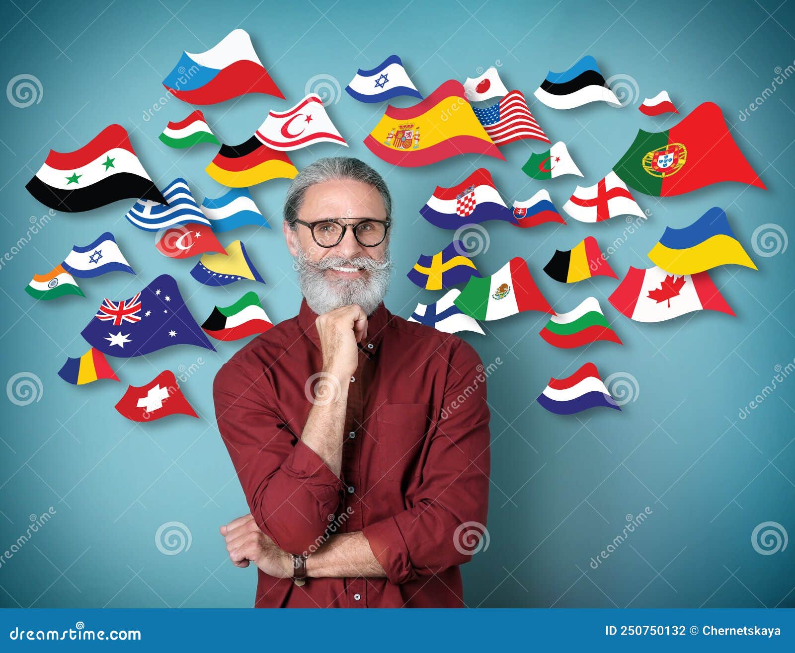 Portrait of Mature Interpreter and Flags of Different Countries on Blue ...
