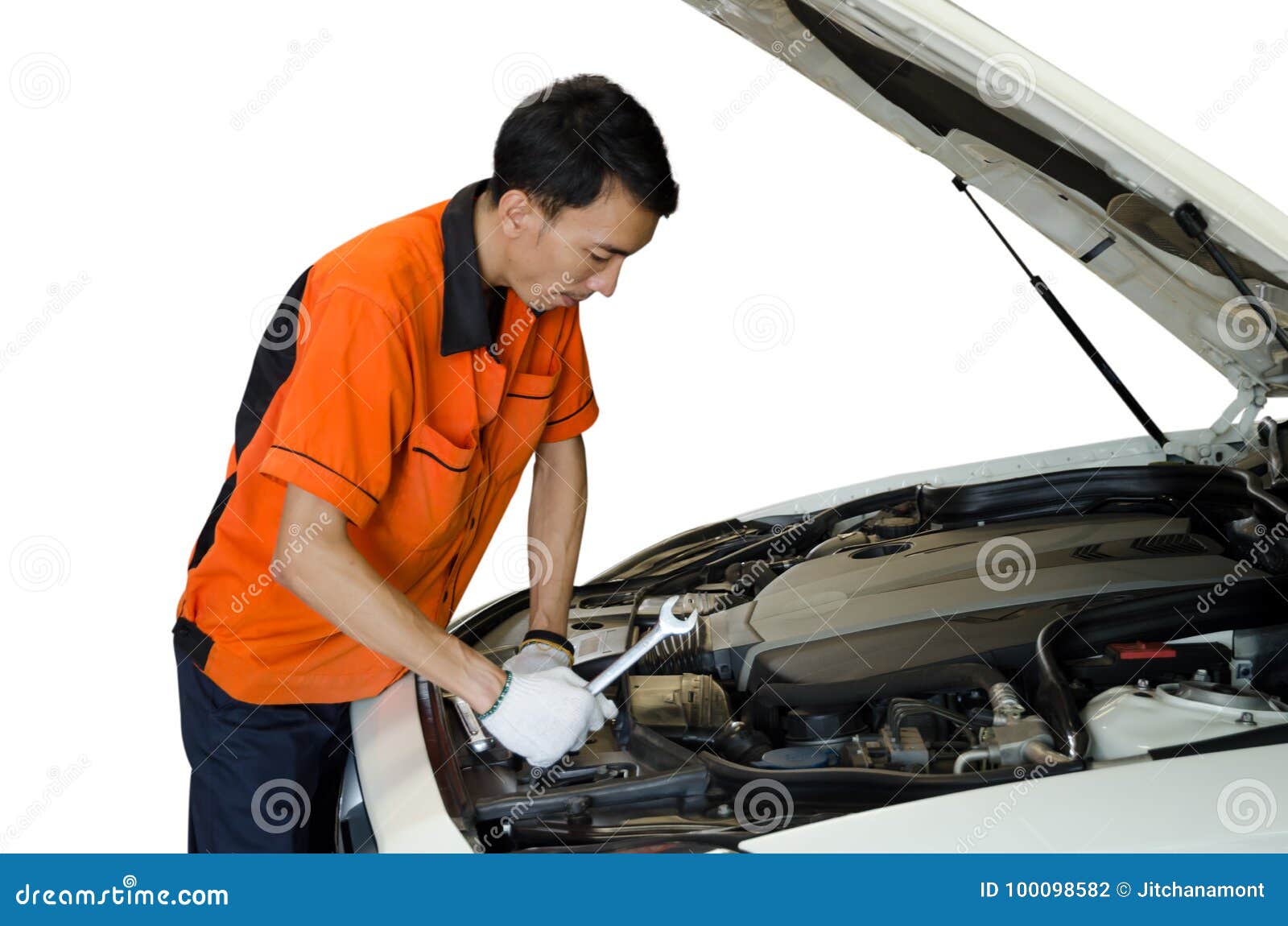 Portrait of Mechanic with Wrench on White Background Stock Photo ...