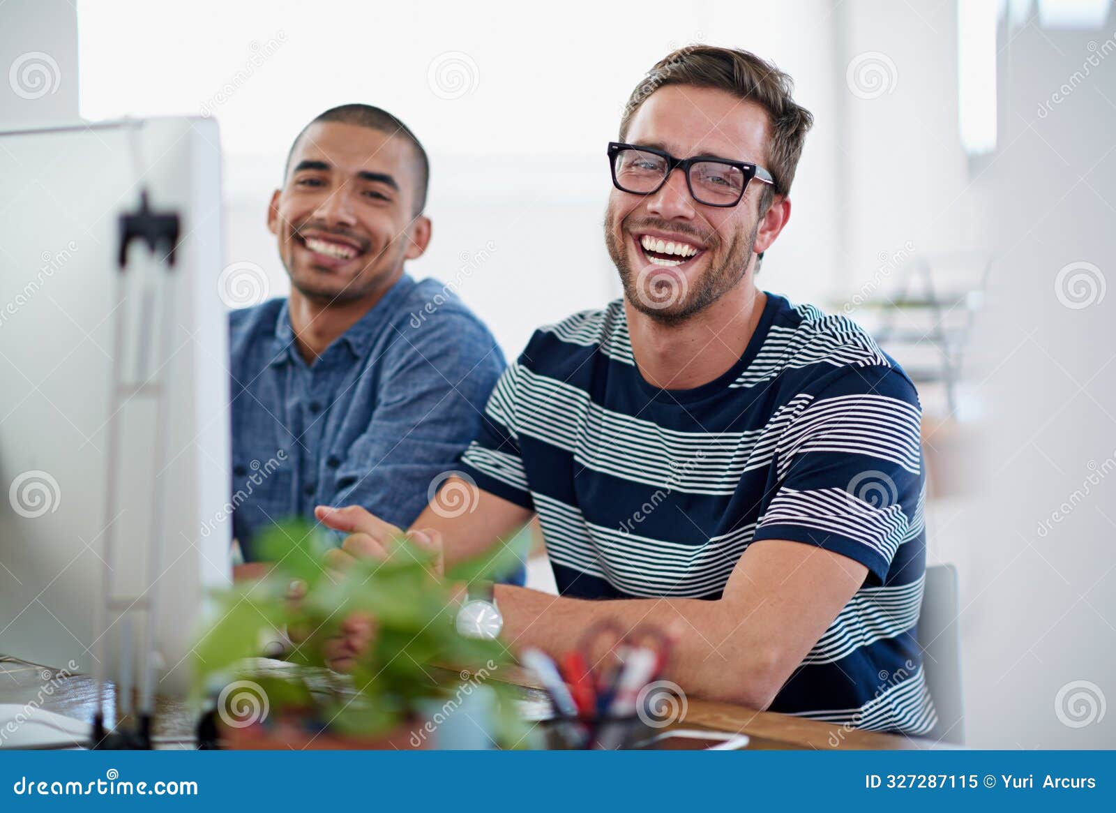 Portrait, Men and Laughing on Computer in Office for Creative Planning ...