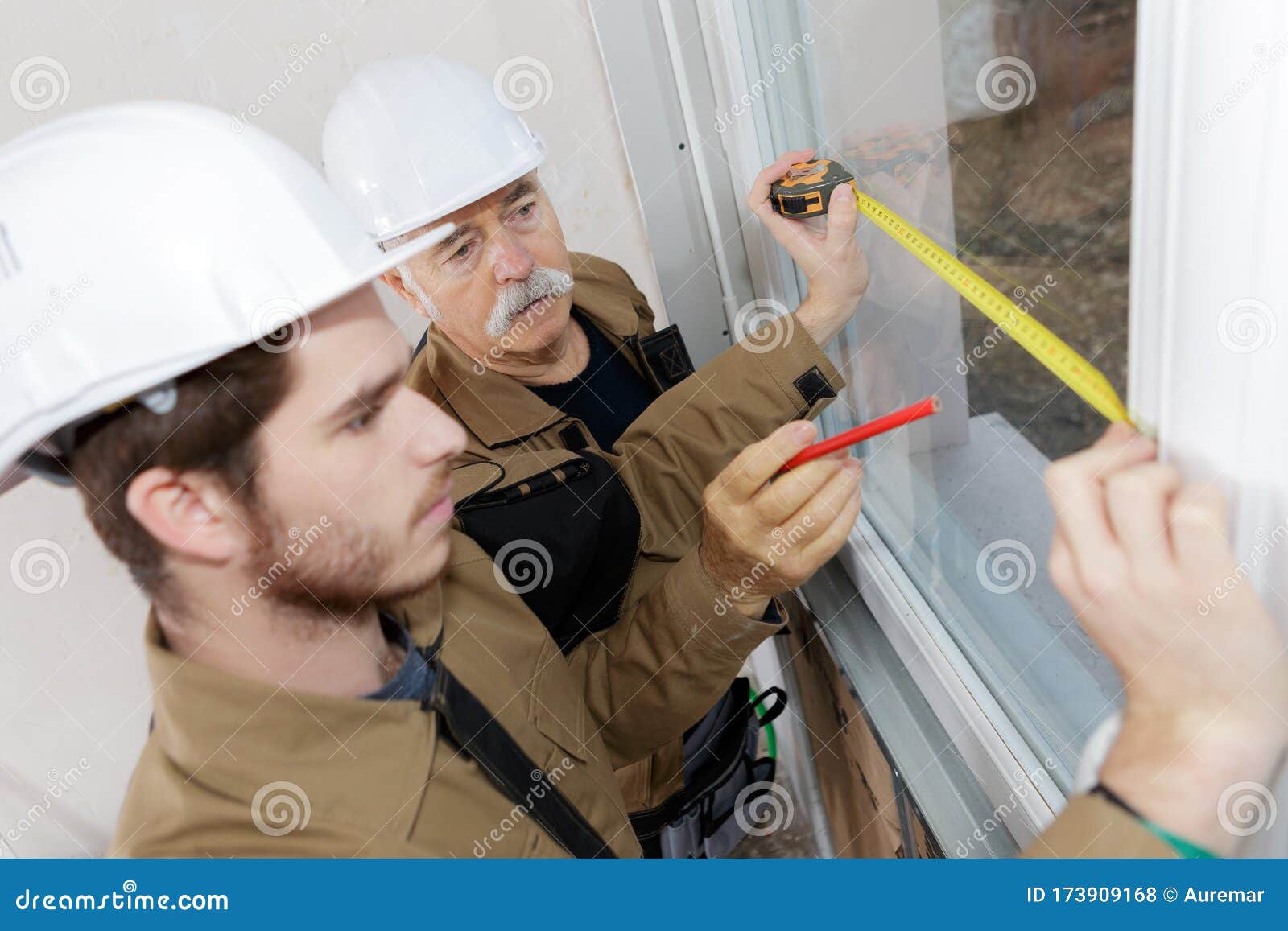 Portrait Men Measuring Windows Stock Photo - Image of measurement, work ...