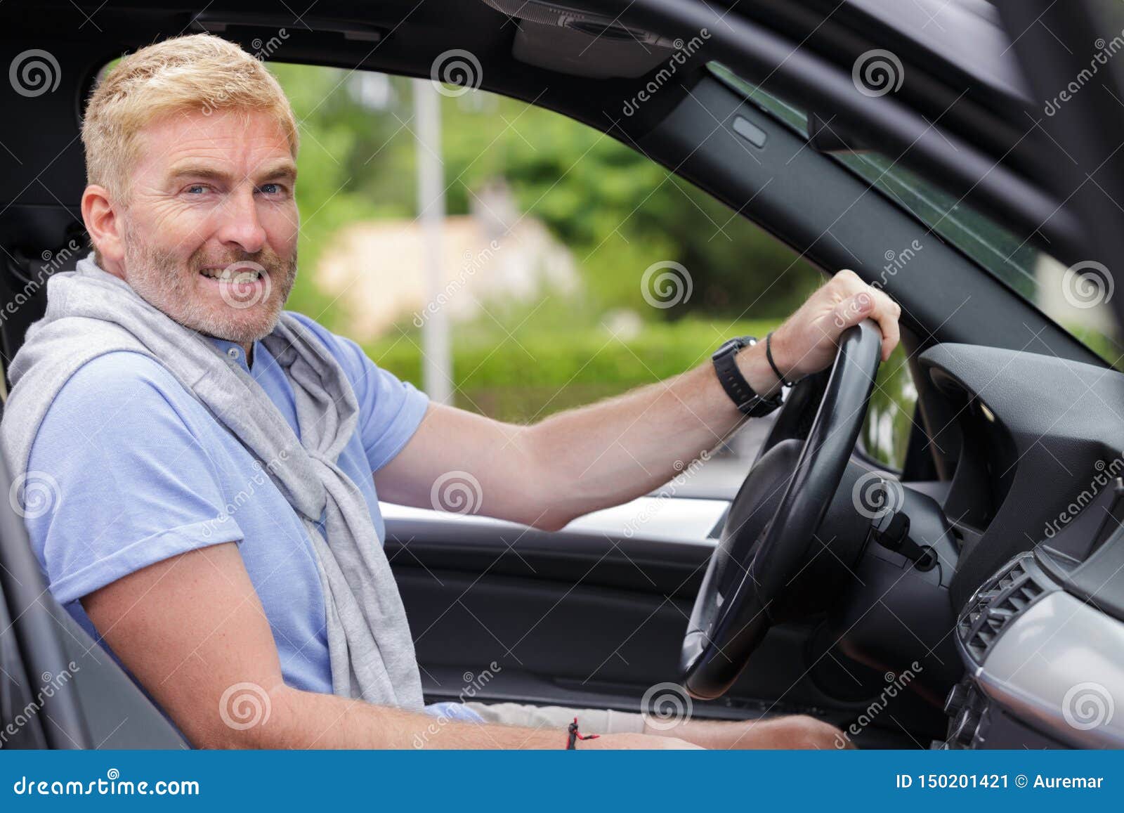 Portrait Middle Aged Male Driver Behind Wheel Stock Image - Image of ...