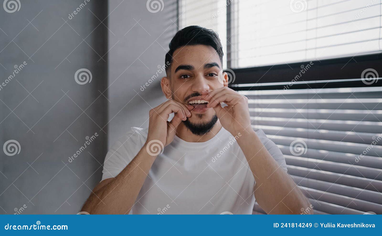 Portrait Millennial Handsome Bearded Arab Indian Male Guy In White