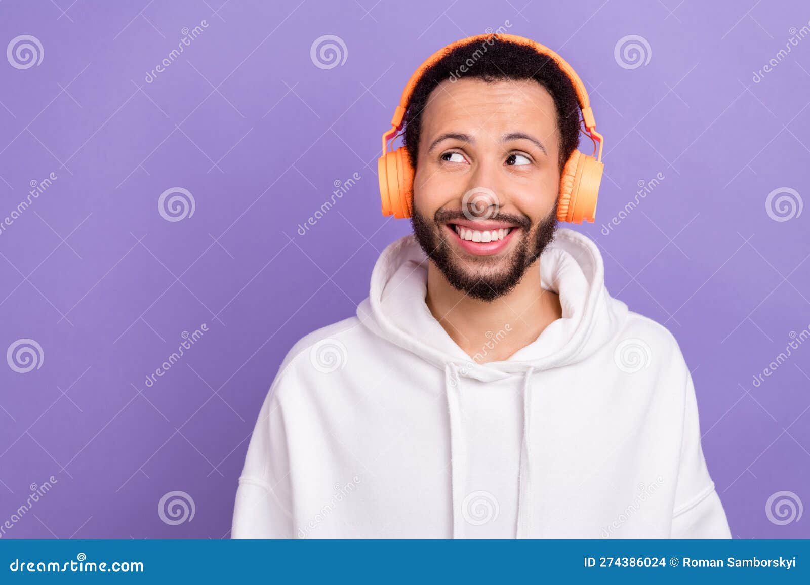Portrait of Minded Cheerful Person Toothy Smile Look Empty Space Listen ... Portrait of Minded Cheerful Person Toothy Smile Look Empty Space Listen ...